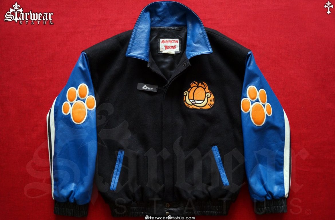 90s Vintage Garfield Classic Paws Leather Wool Varsity Bomber Jacket ...