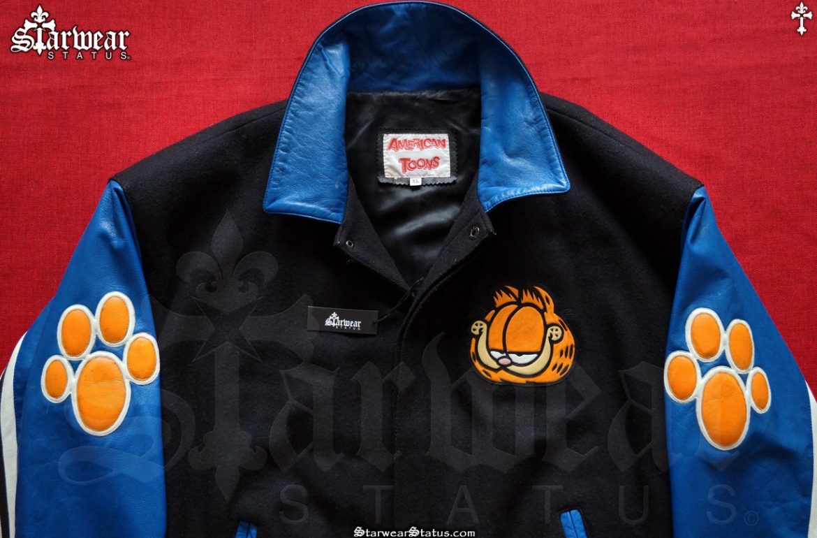 90s Vintage Garfield Classic Paws Leather Wool Varsity Bomber Jacket ...
