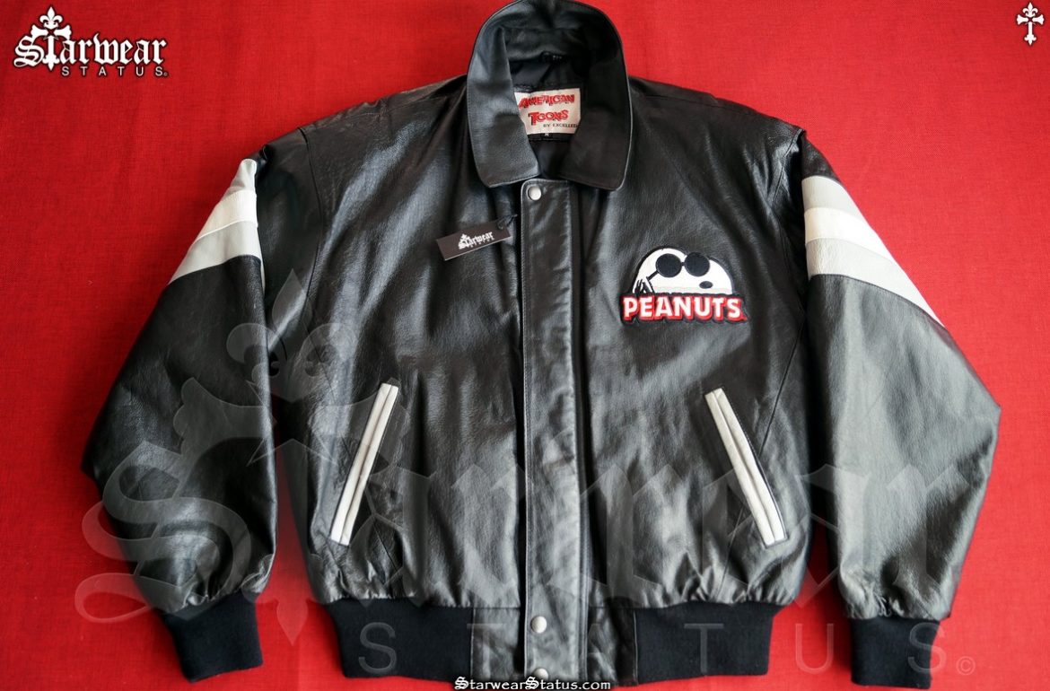 90s Leather PEANUTS Charlie Brown Cartoon Bomber Varsity Jacket Size M ...